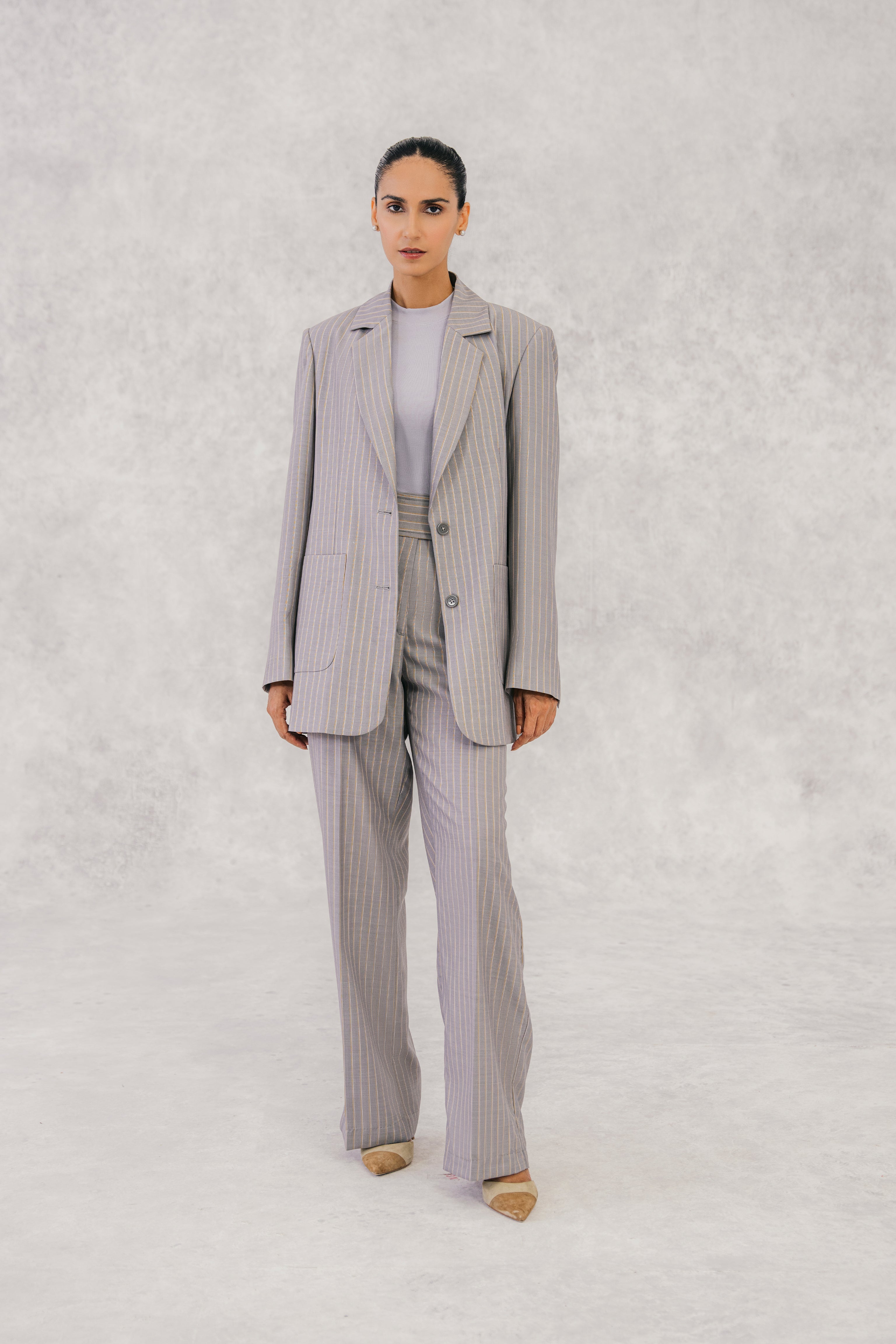 Tropical Grey Striped Classic Suit for Women - FW'23 – BEIGE