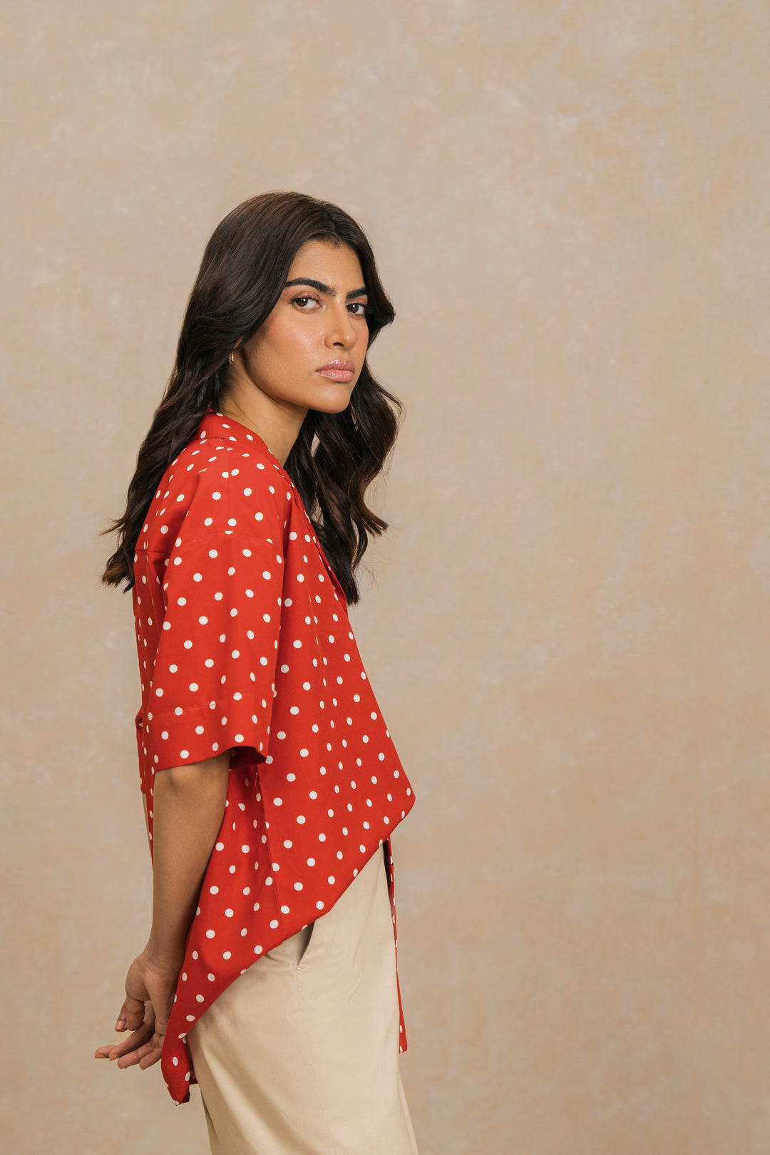 Red Polka Dot Shirt Short Sleeves Beige